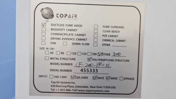 מנדף כימי TOPAIR CF-200-PP-XL - ברטל פתרונות - ציוד ומכשור מעבדה